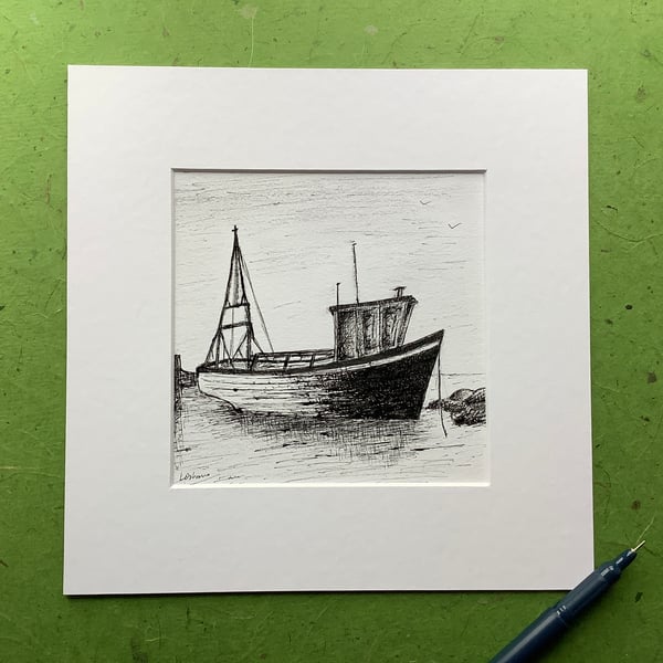 Fishing boat - pen and ink drawing of a fishing... - Folksy