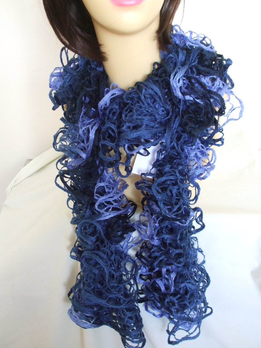 Hand knitted frilly scarf in blue - Folksy