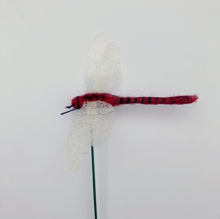 Needle felted dragonfly plant stake, red - Folksy