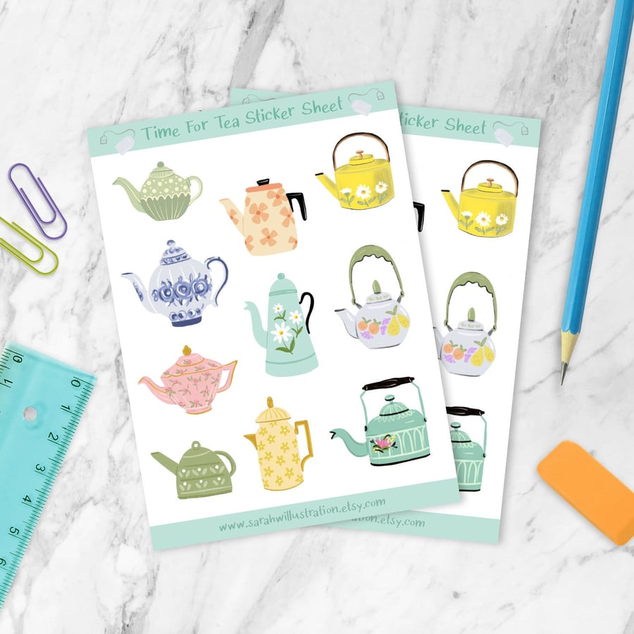 Teapot Stickers Sheet - Folksy