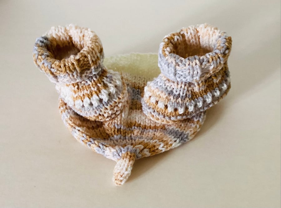 Beige mix baby hat and bootie set,, First size... - Folksy