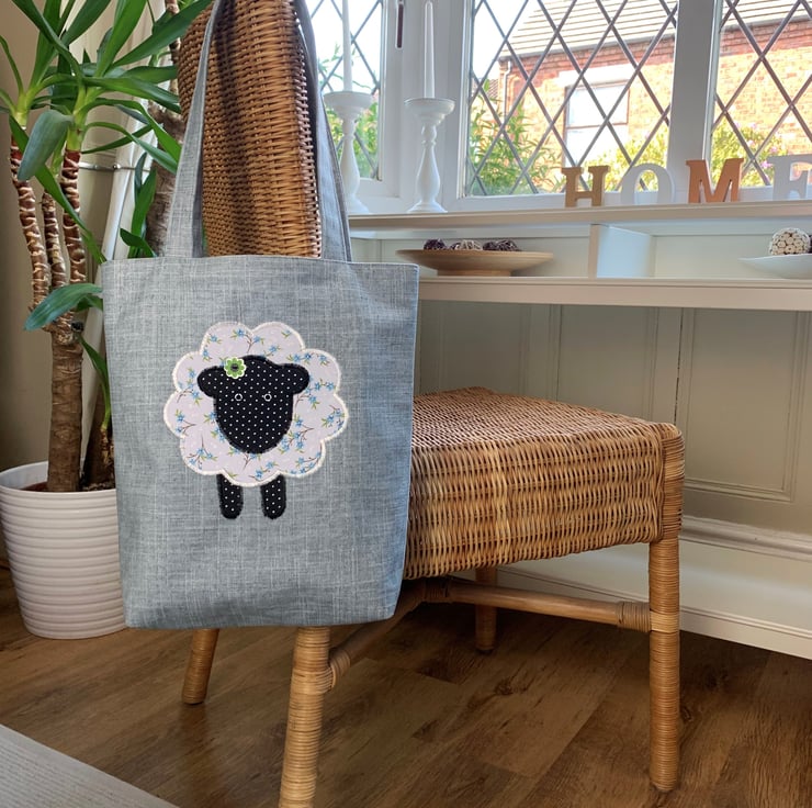 Sheep tote bag in duck egg blue with floral sheep - Folksy