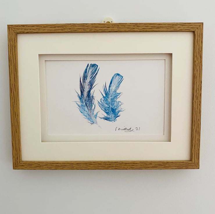 Duck feathers original feather mono print, blue... - Folksy