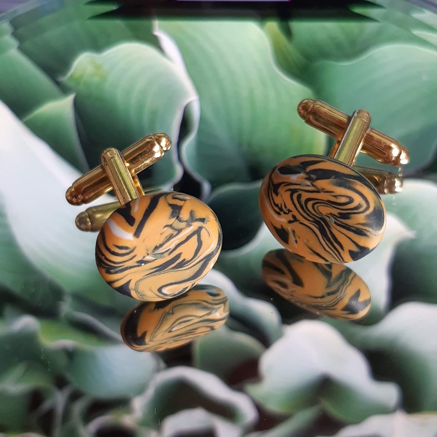 Mustard yellow and midnight blue swirl cufflinks - Folksy