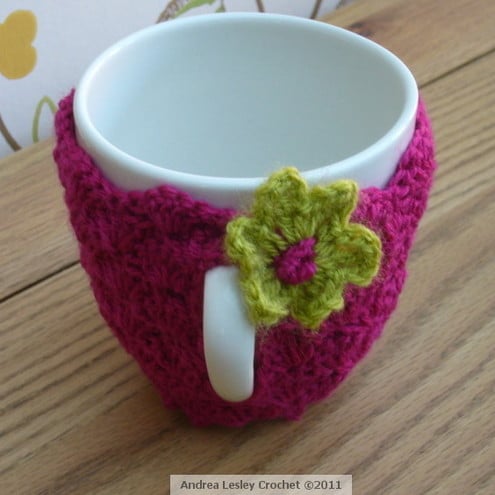 Crochet Mug Cosy/Bright Pink with flower (Made ... - Folksy