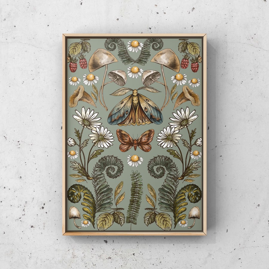Garden Moths Mushrooms and Flowers Collage Illu... - Folksy
