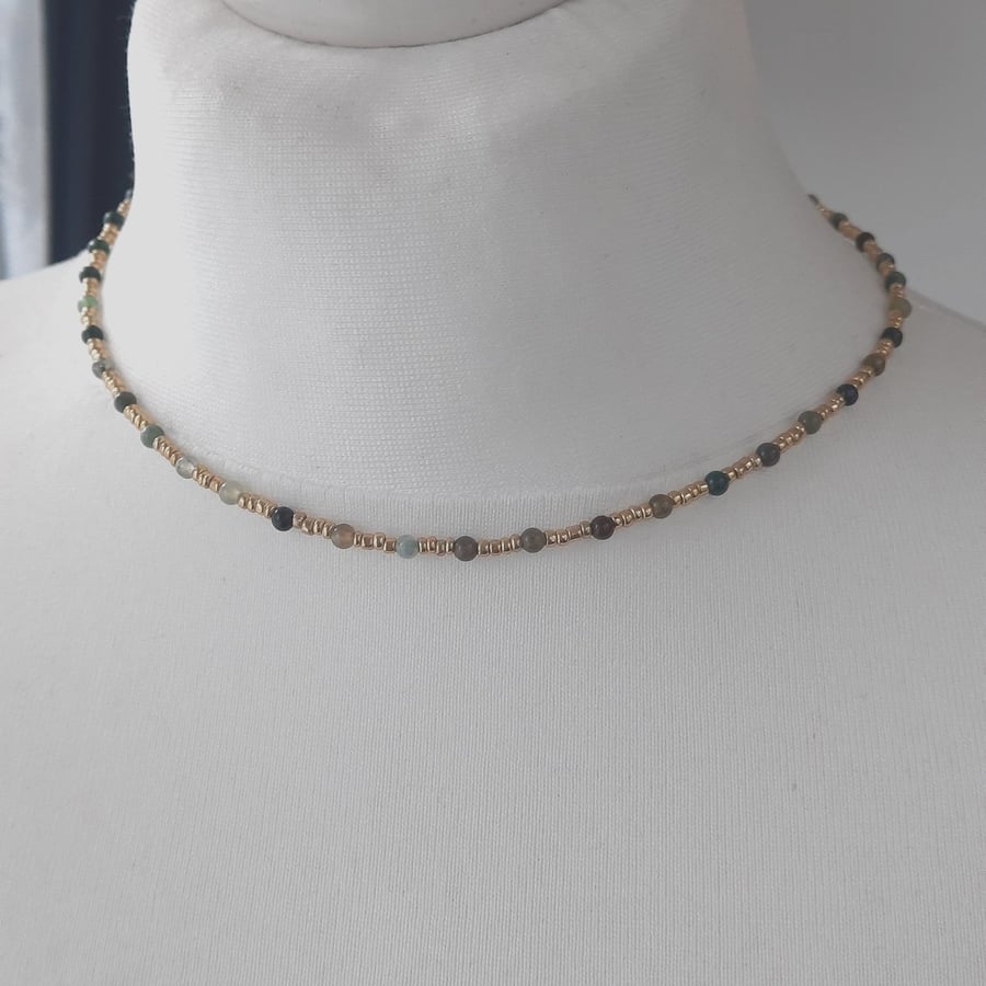 Indian agate and gold glass beaded necklace, 16... - Folksy