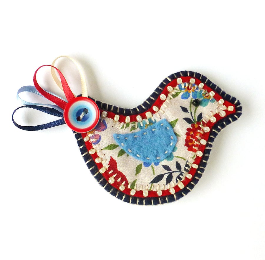 Bird Brooch in red, white and blue! - Folksy