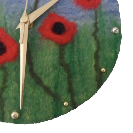 Felted clock, 20cm, with poppy design - Folksy