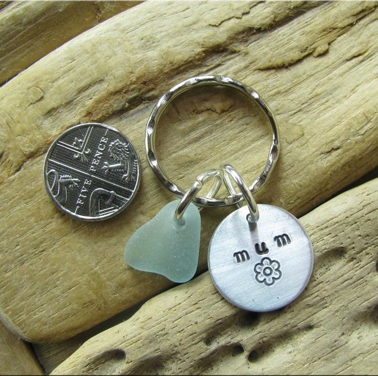 Natural sea glass, stamped keyring - Folksy