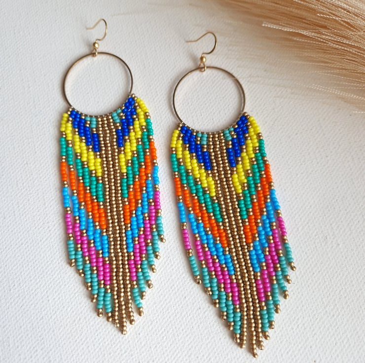 Colourful beaded dangle earrings, long seed bea... - Folksy