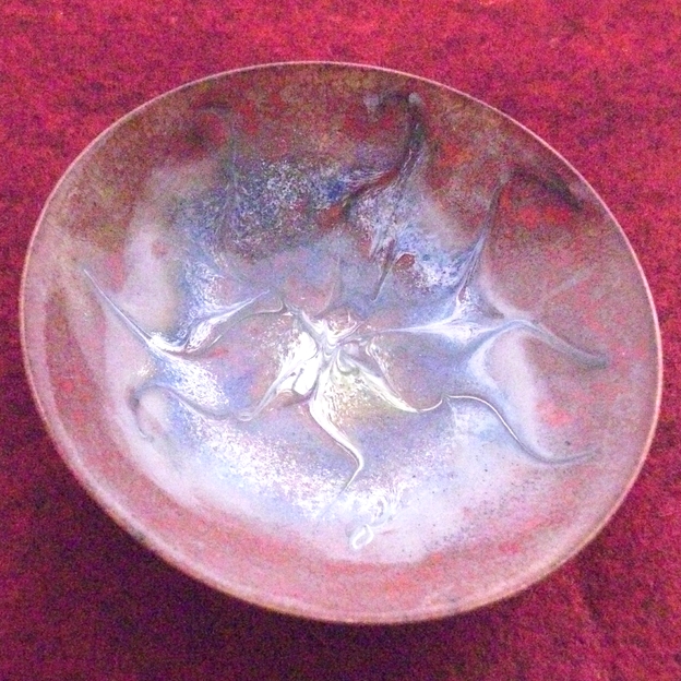 Large dish - enamel - brick-red scrolled white,... - Folksy