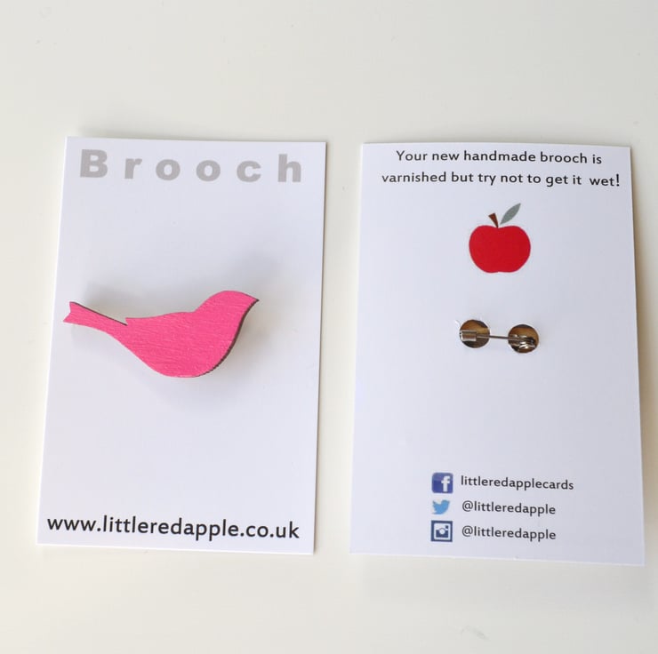 Painted Wooden Bird Brooch - Pink - Folksy