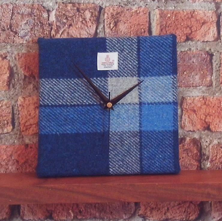Harris Tweed square clock blue and white check ... - Folksy