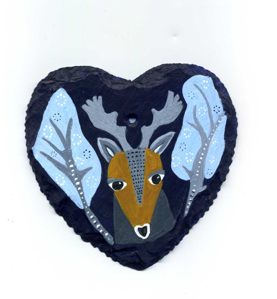 Slate Hanging Heart..Original painting of a stag - Folksy
