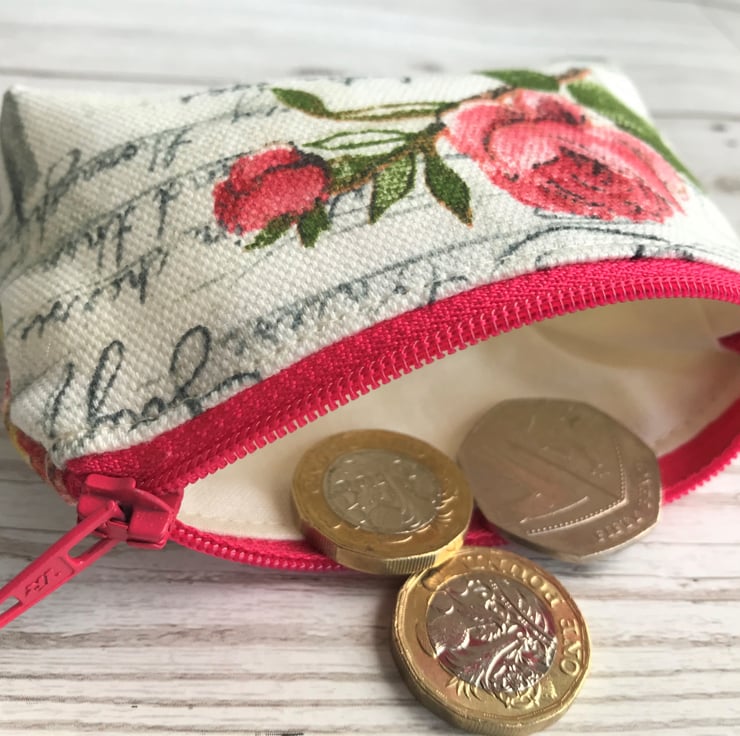 Small purse, coin purse with pink Rose and grey... - Folksy