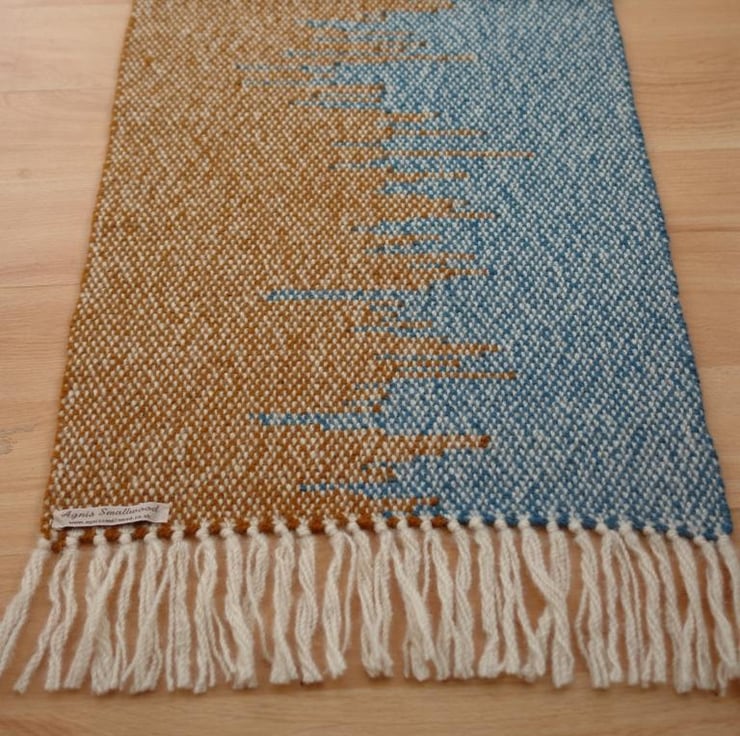 Hand Woven Wool Floor Rug - Blue and Harvest Gold - Folksy