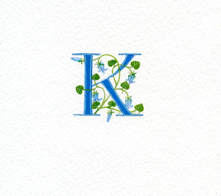 Initial letter K in turquoise with bluebells. - Folksy