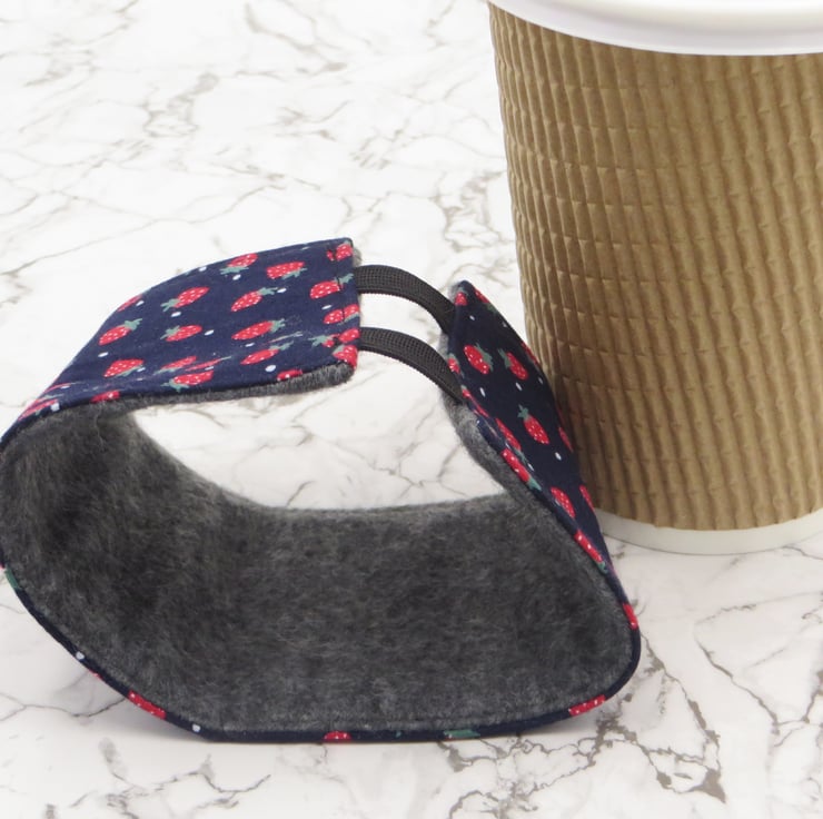 Fabric Cup Cosy in strawberry print, fully reve... - Folksy