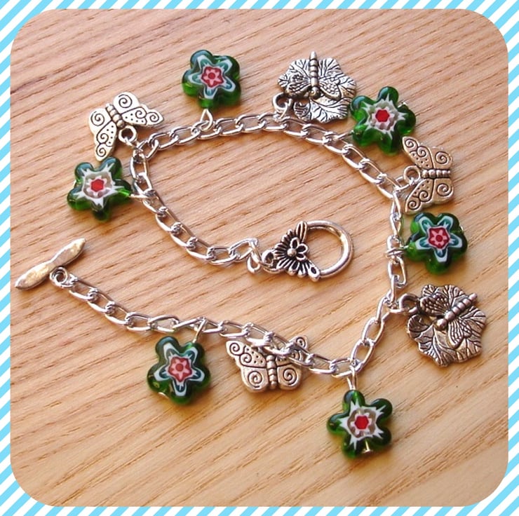 Green Flowers Charm Bracelet - Folksy