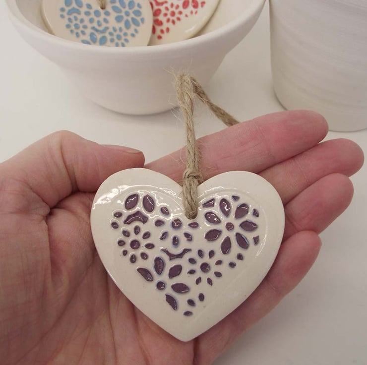 Ceramic Heart decorations set of three - Folksy