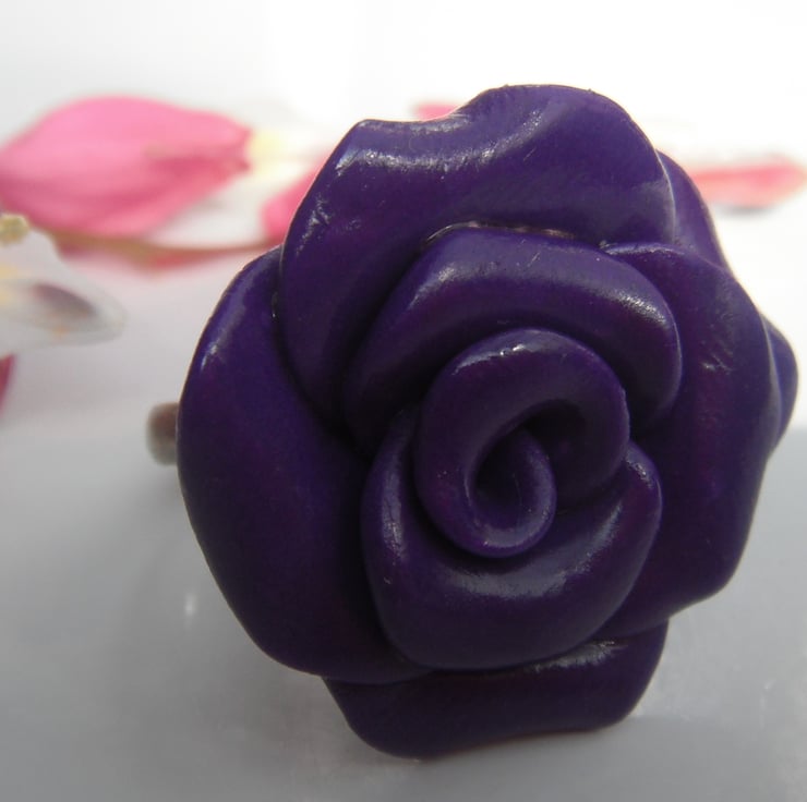 Large Purple Fimo Rose Ring - Folksy