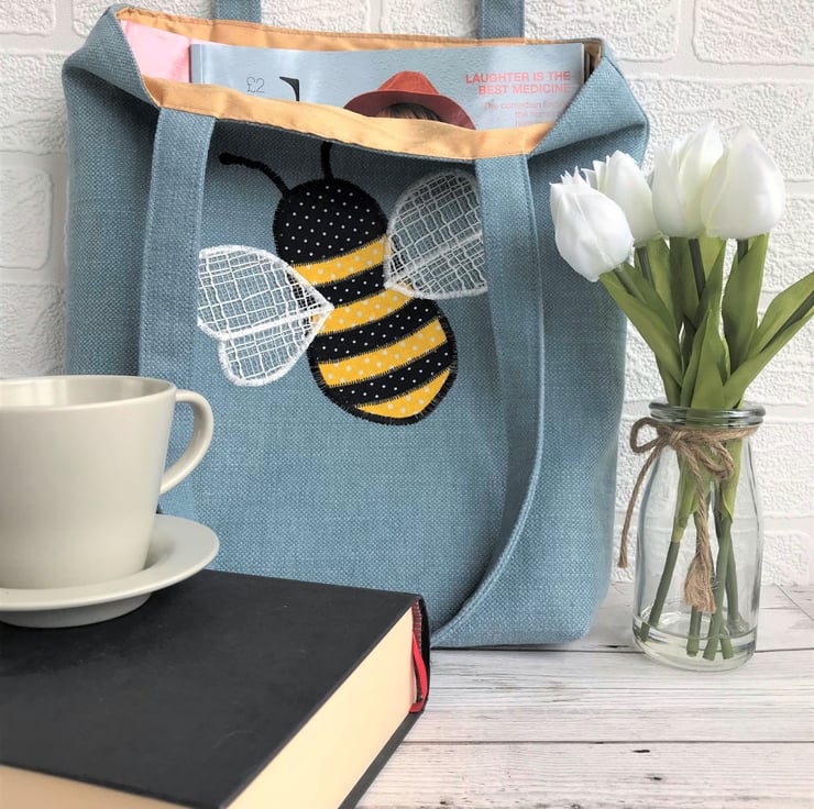Bumble Bee tote bag in blue with applique polka... - Folksy