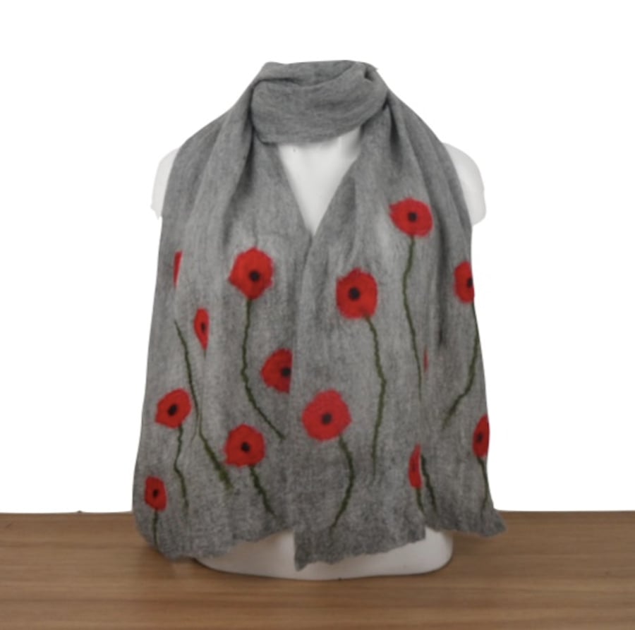 Grey poppy scarf, nuno felted merino wool on si... - Folksy