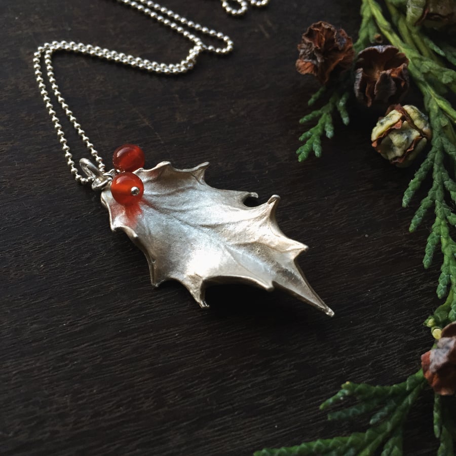 Sterling silver holly necklace - holly leaf nec... - Folksy