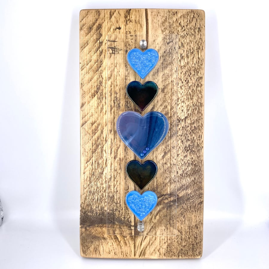 Fused Glass Heart Panel in Blues on Reclaimed Wood - Folksy