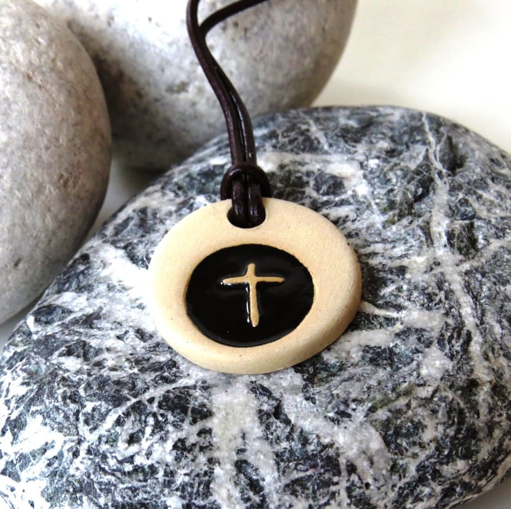 Black Cross Ceramic Necklace - Christain, Firs... - Folksy