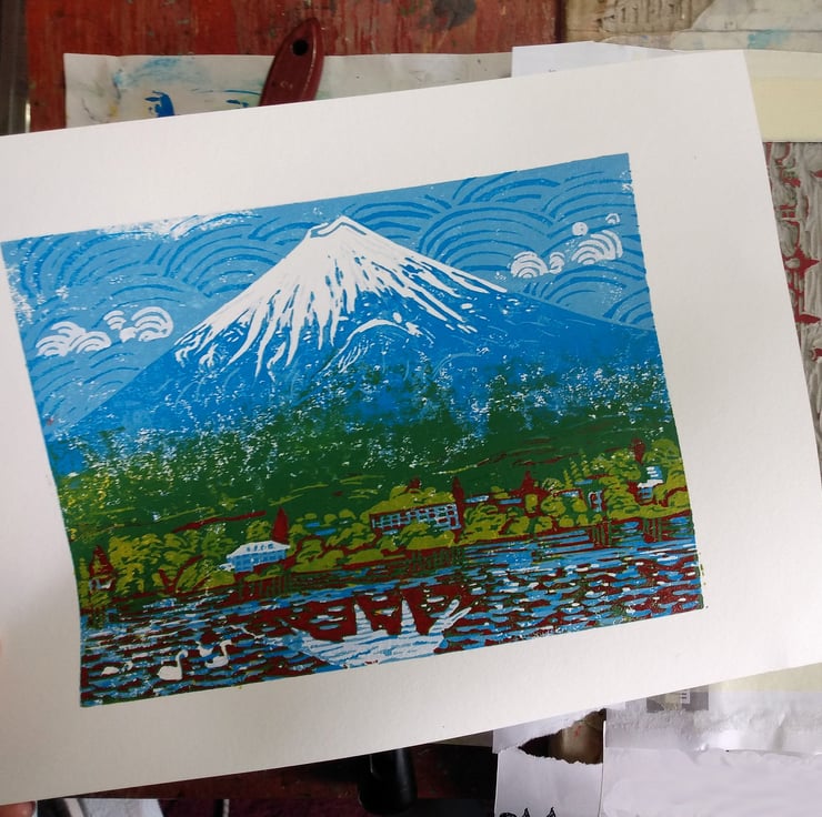 Mount Fuji, Japan Original Hand Pressed Linocut... - Folksy