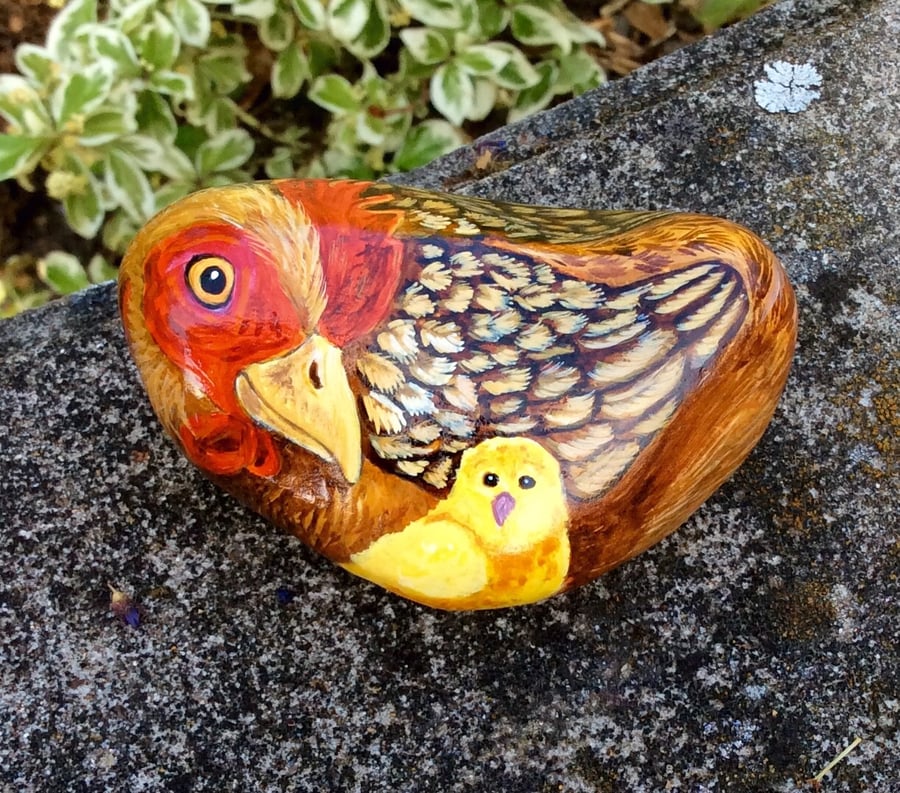Chicken and chick hand painted stone - Folksy