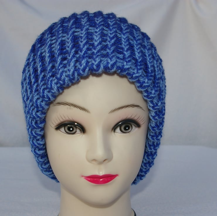 Large Blue Beanie Hat Knitted by Hand knitting ... - Folksy