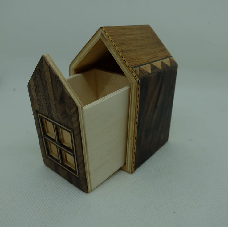 Small hand veneered house box with pull out drawer - Folksy