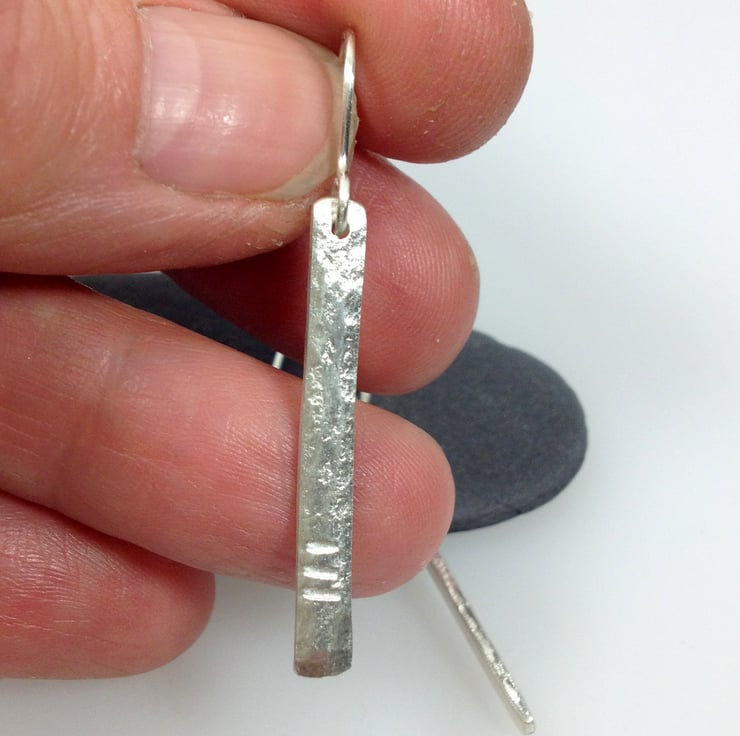Notched Pins ,long silver earrings - Folksy