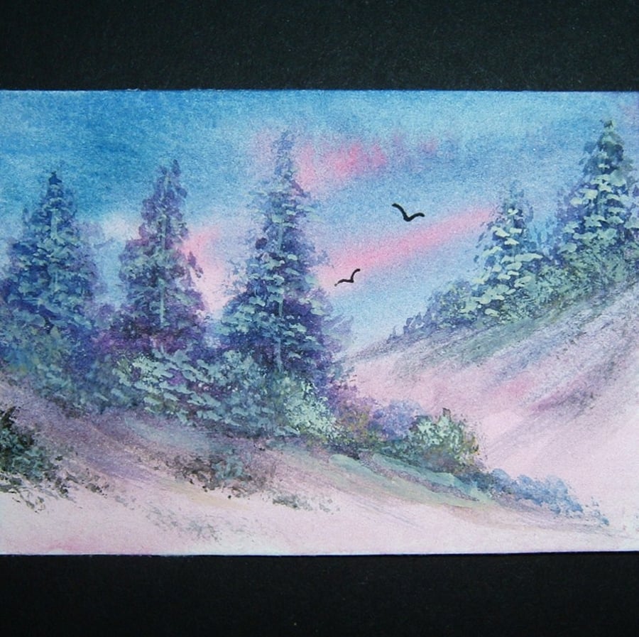 winter snow art painting landscape aceo origina... - Folksy
