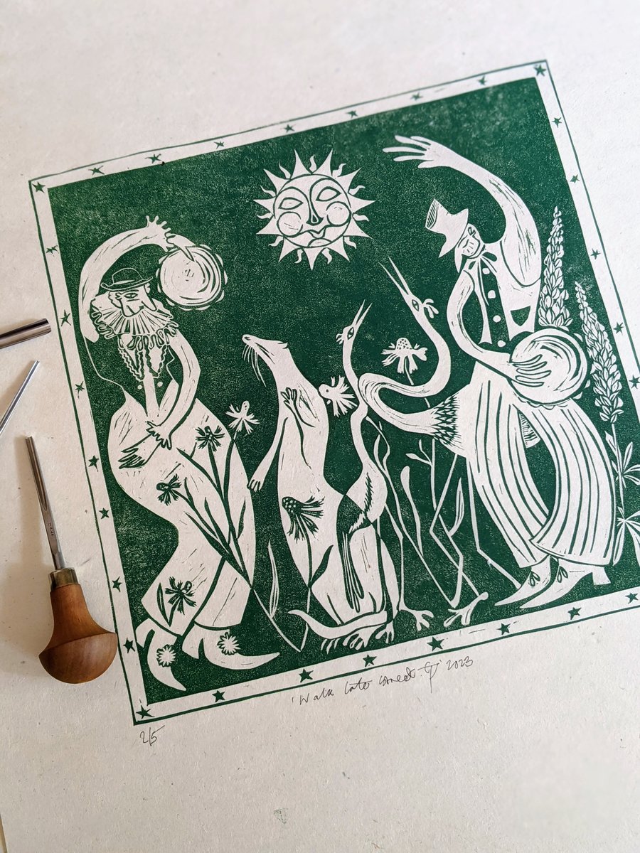 walk late street lino cut handmade print - Folksy