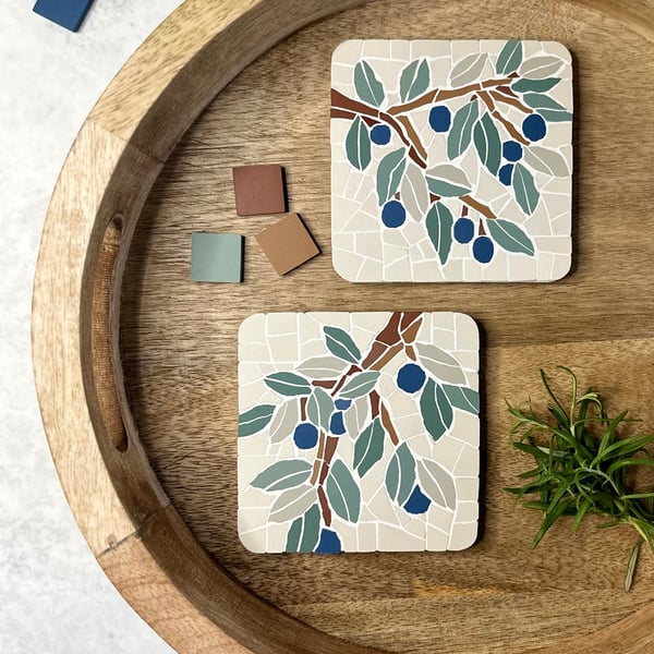 Two Mosaic Coasters in Olive Branch design - Folksy