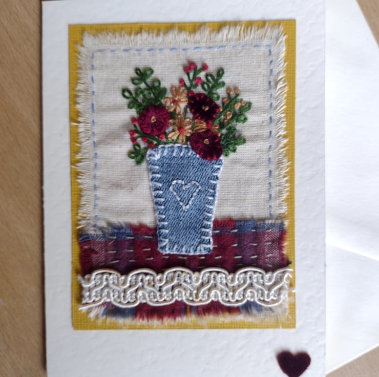 Vase of Flowers Hand-Stitched Keepsake Card - B... - Folksy