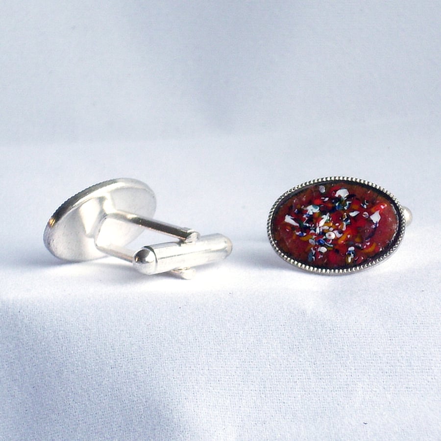 enamel cufflinks - oval: enamel chip on red - Folksy