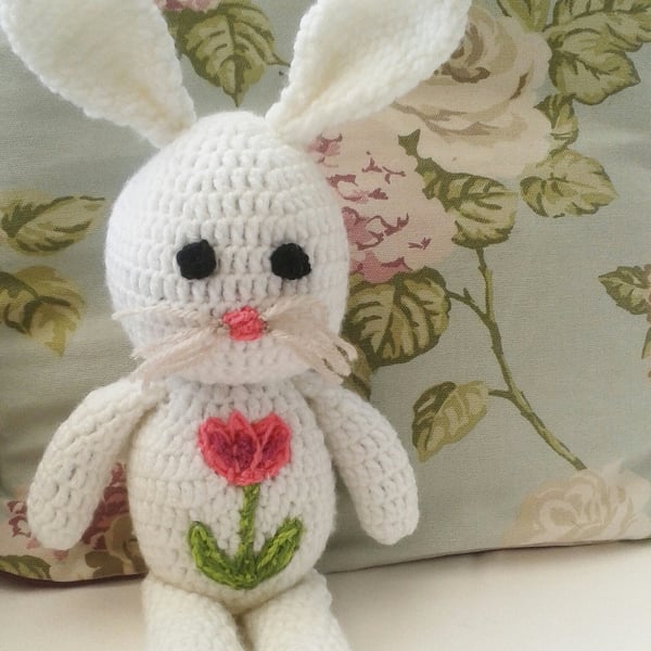 White bunny rabbit teddy with flower. Great ba... - Folksy