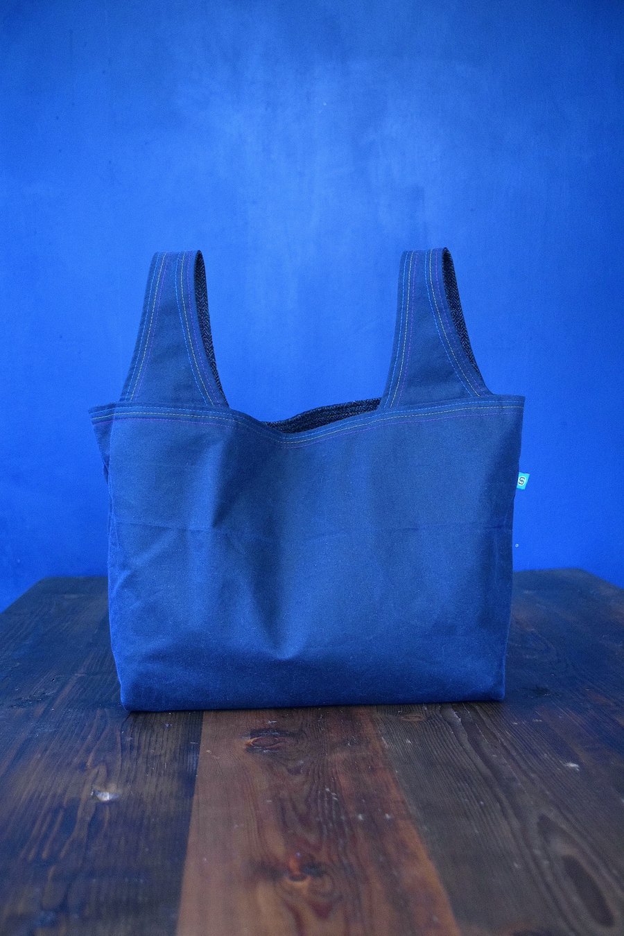 shopping bag – navy waxed cotton and grey wool - Folksy
