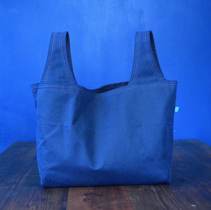 shopping bag – navy waxed cotton and grey wool - Folksy