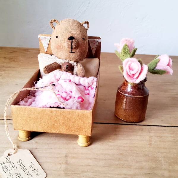 Primitive Tiny Ted in a matchbox bed - Folksy