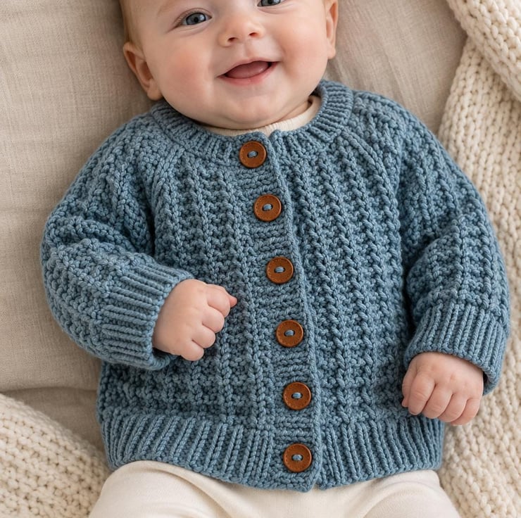 Hand Knitted Baby Cardigan – Harbour Blue 3–6 M... - Folksy