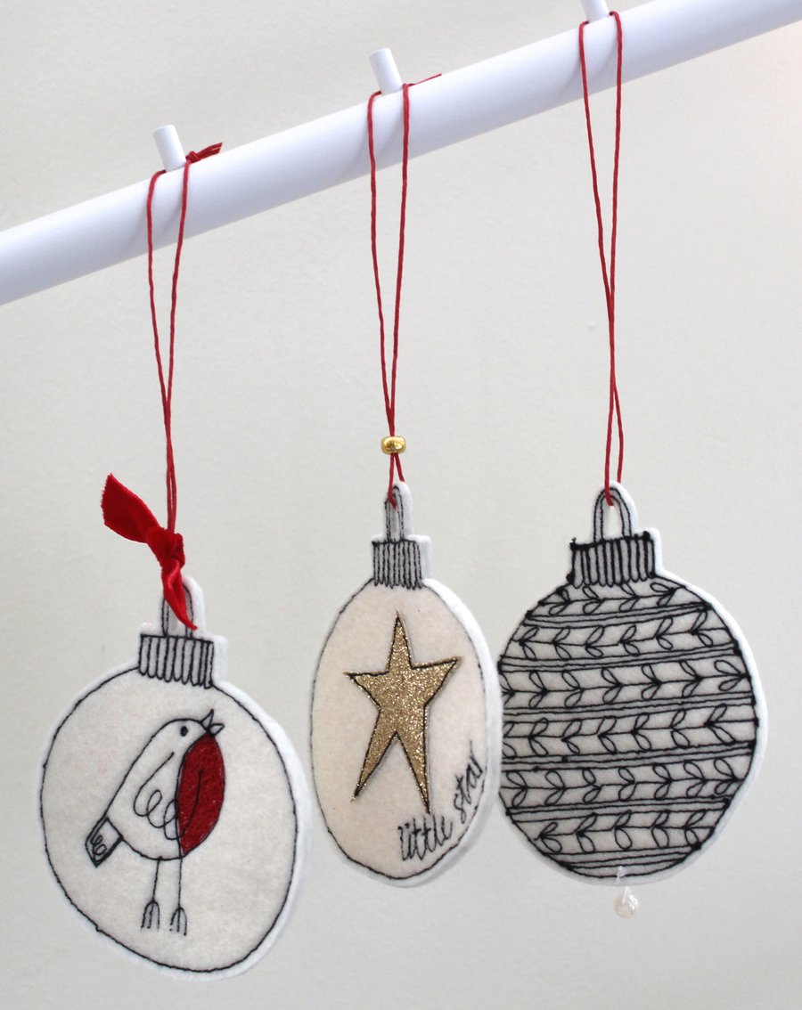 Three Wool Felt Christmas Baubles - Hanging Dec... - Folksy