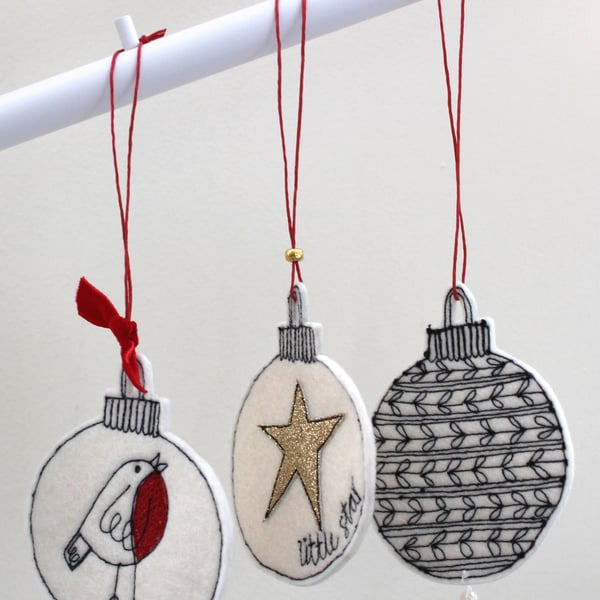 Three Wool Felt Christmas Baubles - Hanging Dec... - Folksy