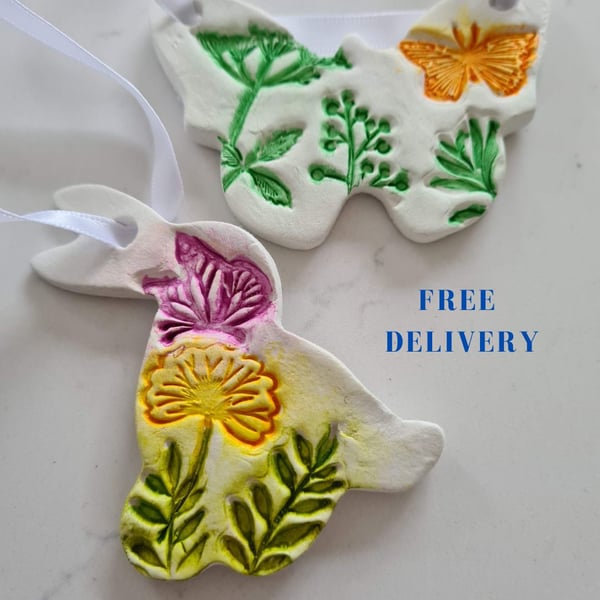 Bunny and butterfly set of two clay easter hang... - Folksy