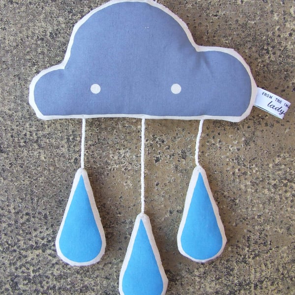 Screen-printed Raincloud Plush with Blue Raindrops - Folksy